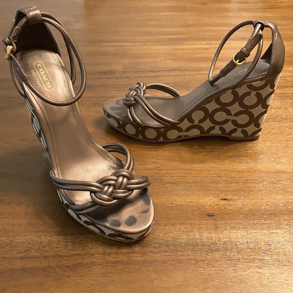 Coach Kinsey Bronze Braided Leather Wedge Sandals - Gem